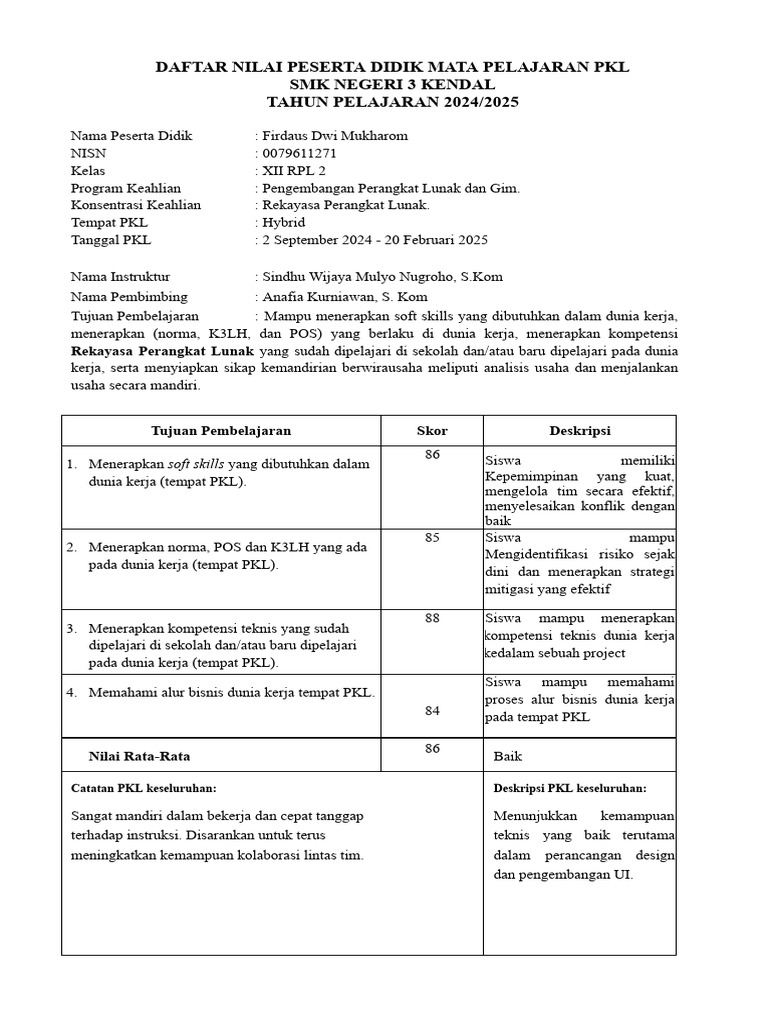 Daftar Nilai Peserta Didik Mata Pelajaran PKL - RPL | PDF