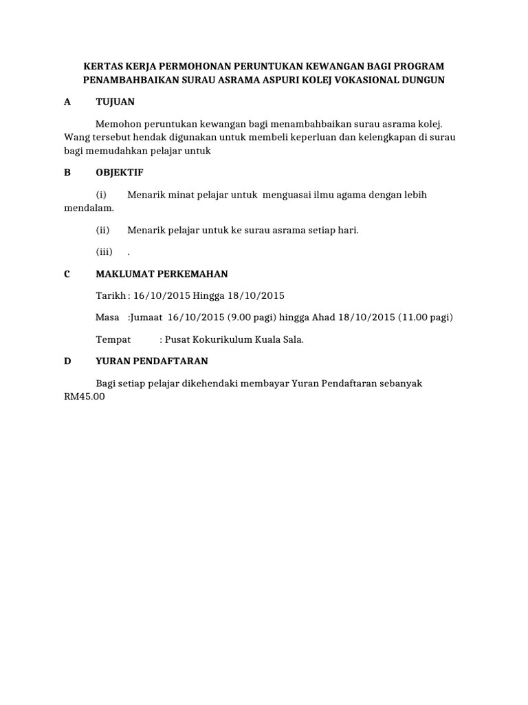 Contoh Kertas Kerja Permohonan Peruntukan | PDF