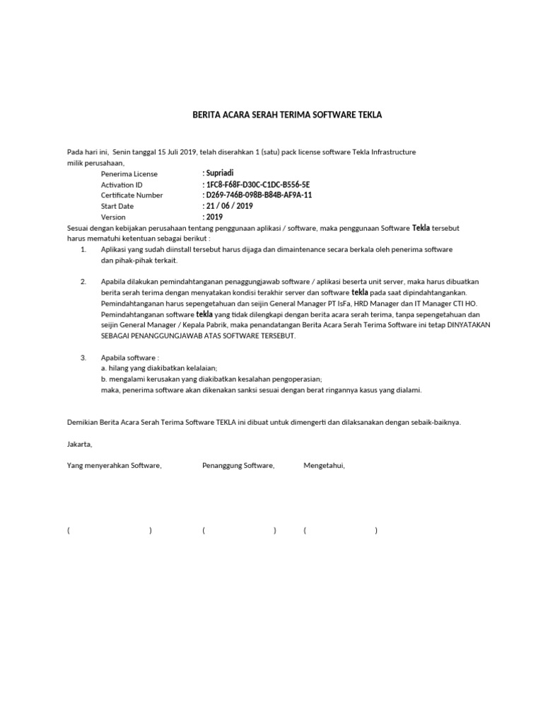 Berita Acara Serah Terima Software Tekla | PDF