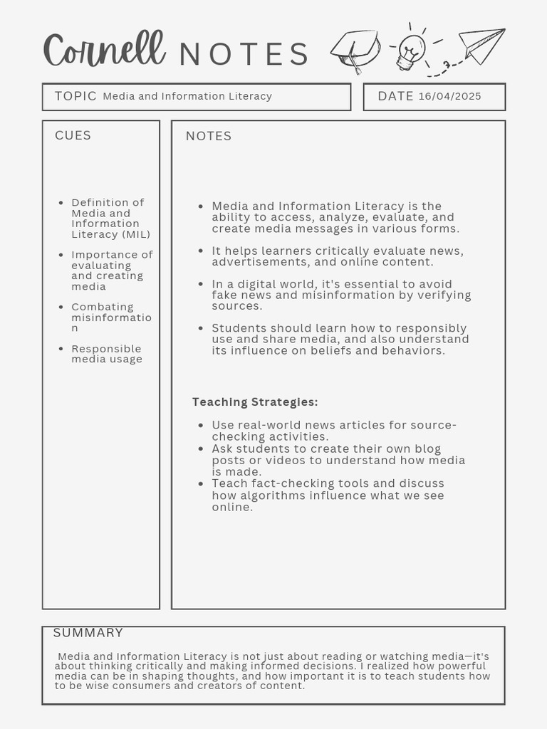 Cornell Note Taking Digital and Printable Worksheet in Greyscale Simple ...
