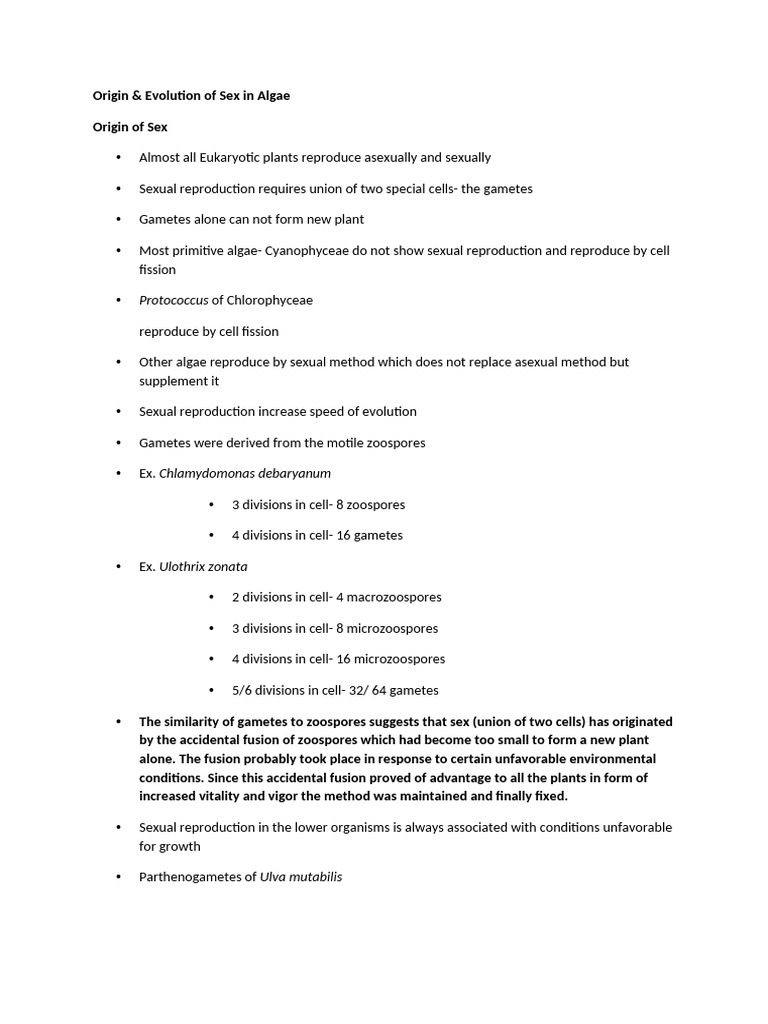 Origin And Evolution Of Sex In Algae Pdf Sex Reproduction