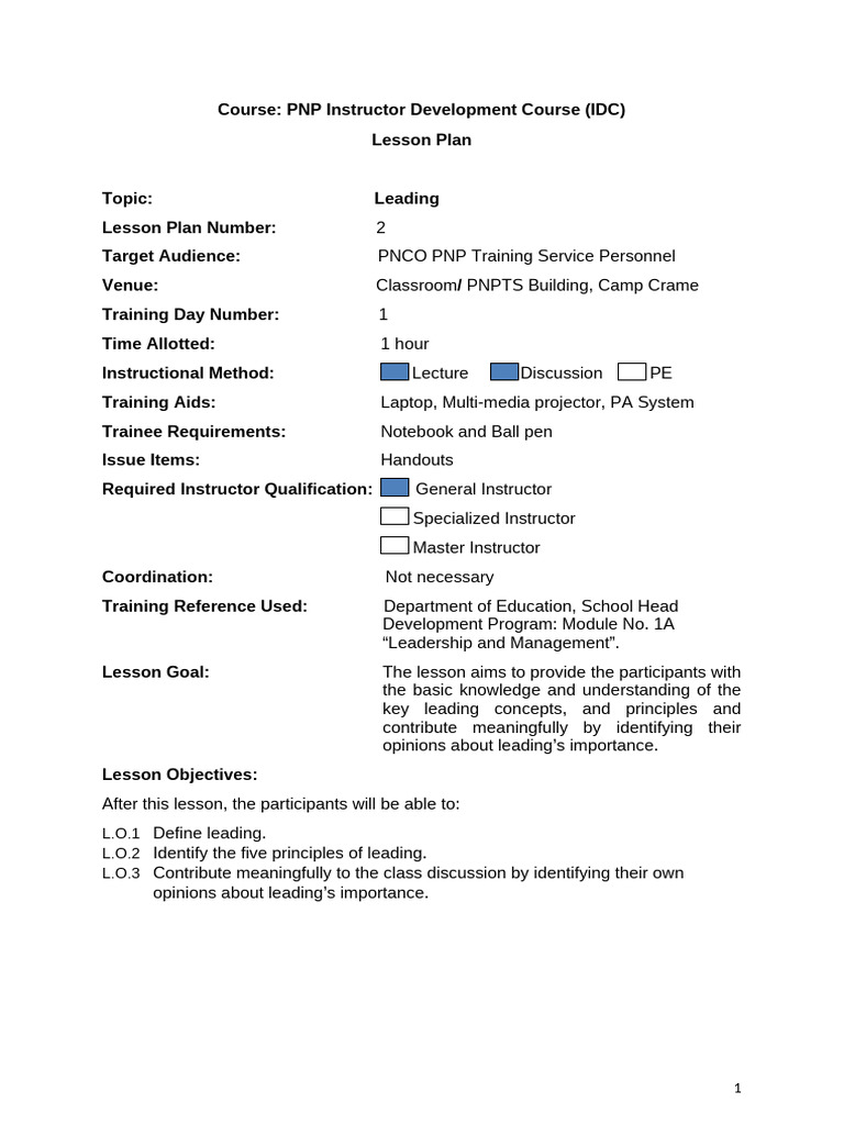 Lesson Plan - Balatero Final PNP | PDF | Leadership | Lesson Plan