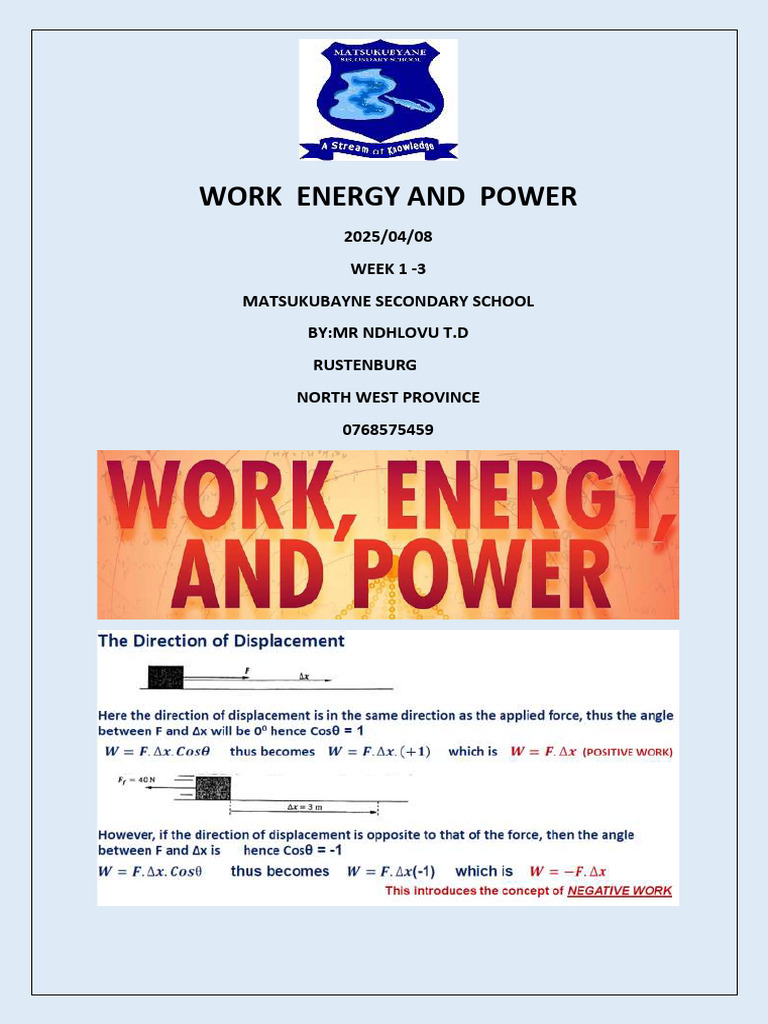 MSS Work Energy Power 2025 Notes by MR Ndhlovu T.D | PDF | Force | Friction