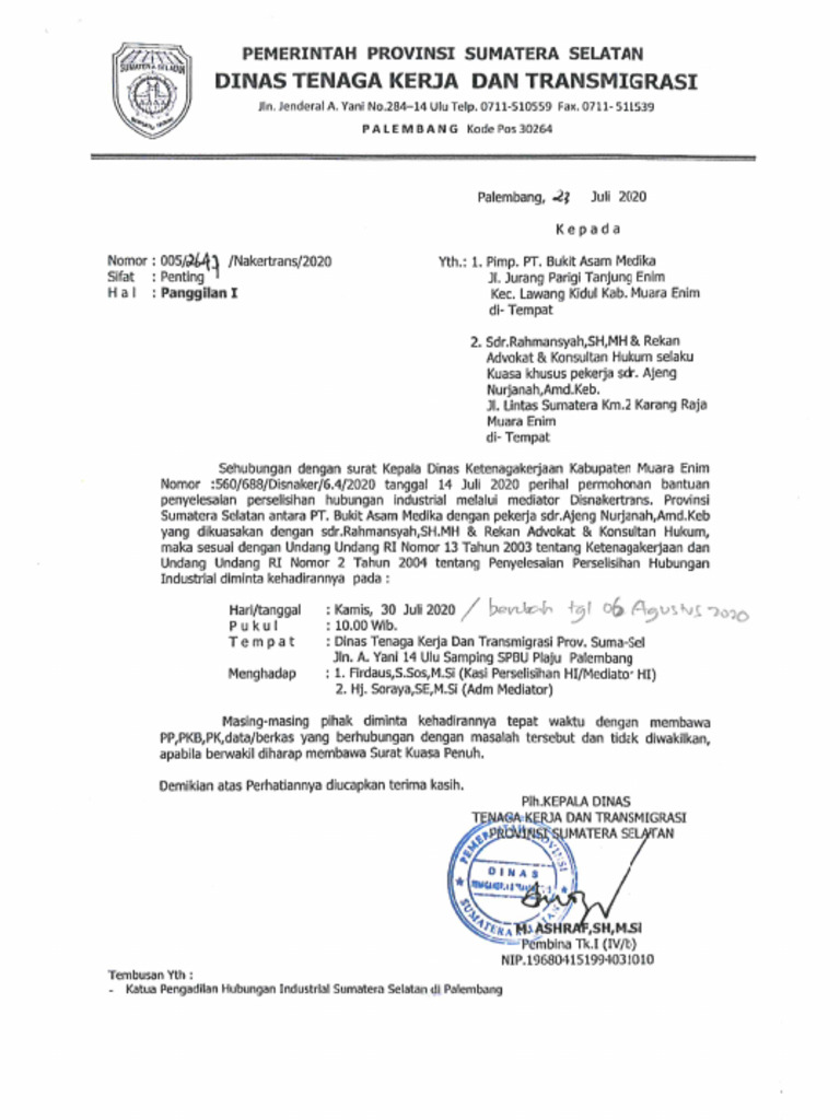 Undangan Disnaker Provinsi Sumsel | PDF