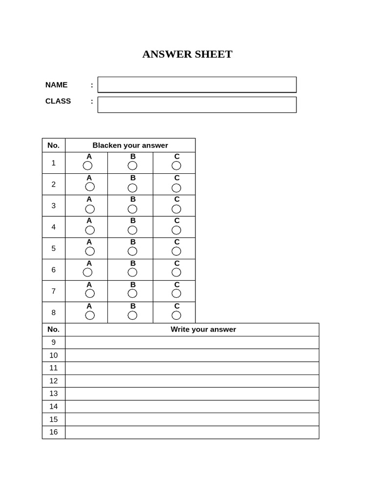 Answer Sheet Form 1 | PDF
