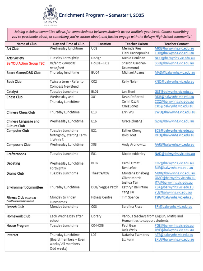 BHS Enrichment Program - Semester 1, 2025 | PDF