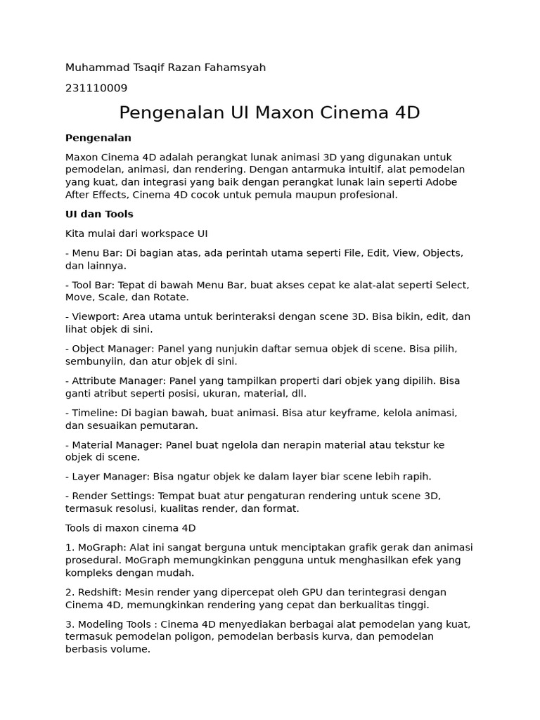 Muhammad Tsaqif Razan Fahamsyah UI Dan Tools Di Cinema 4D | PDF