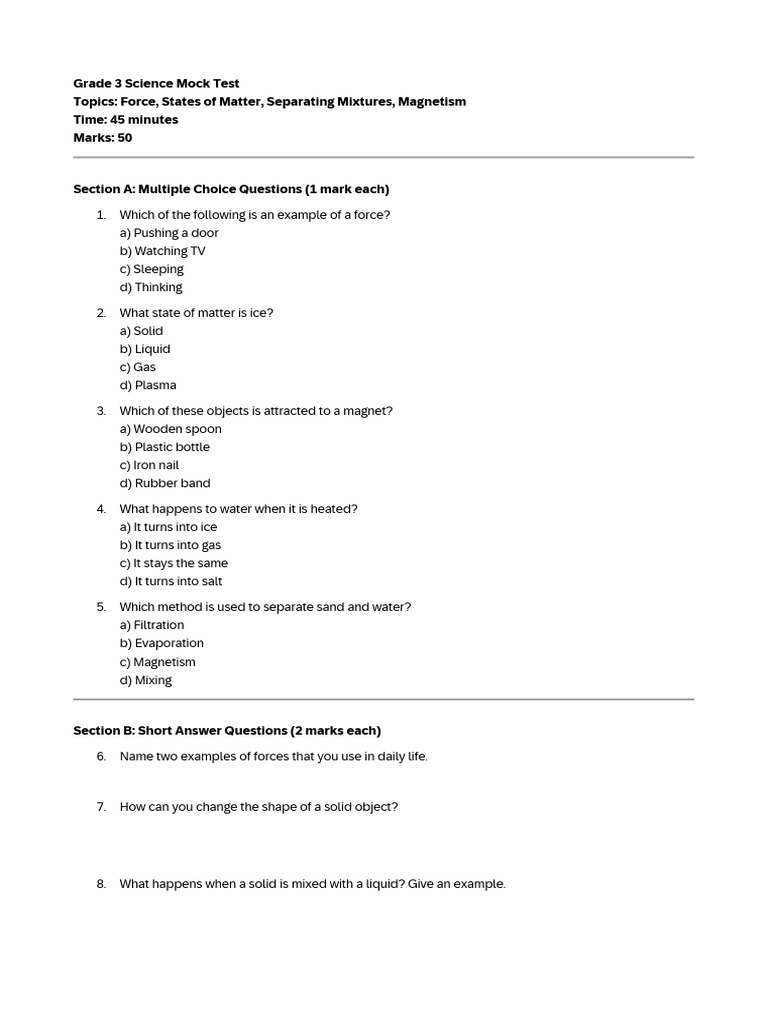 Grade 3 Science Mock Test Guide | PDF