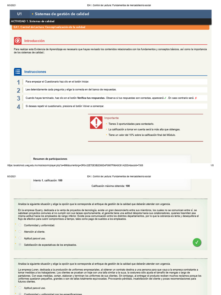 Gesti N de La Calidad v1 EA1. Control de Lectura Conceptualizaci N de La Calidad Intento 1 PDF ...