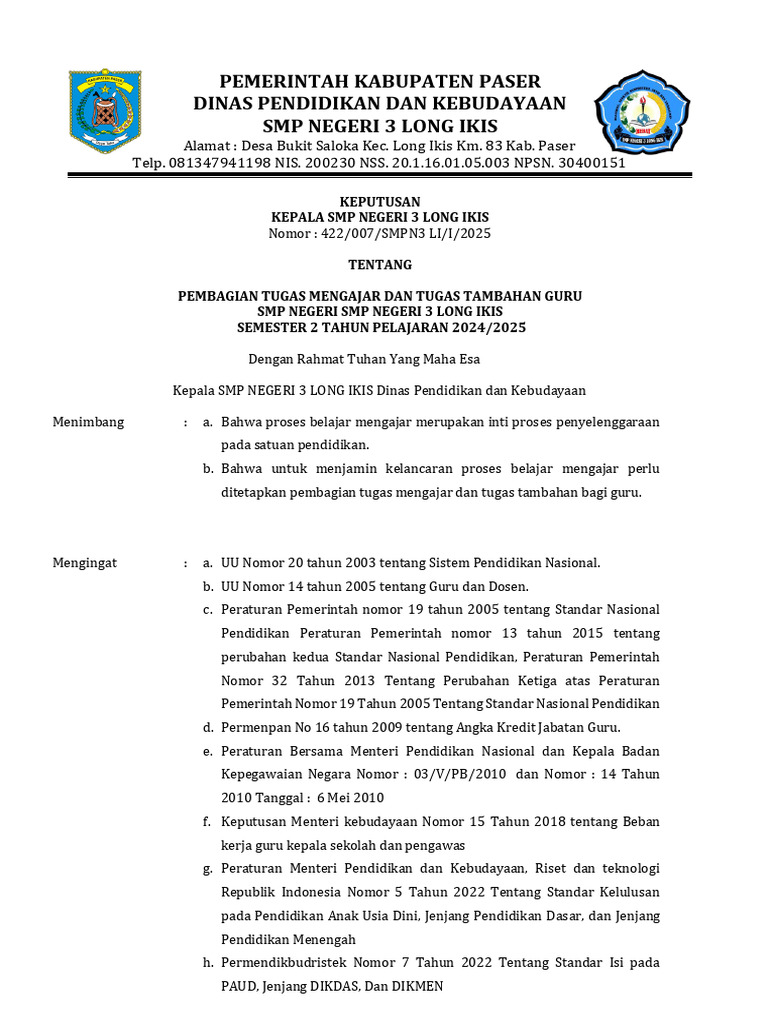 SK Pembagian Tugas Semester Genap 2024-2025 | PDF