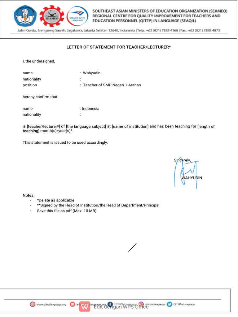 [for Teachers_Lecturers] Form Letter of Statement and Declaration | PDF