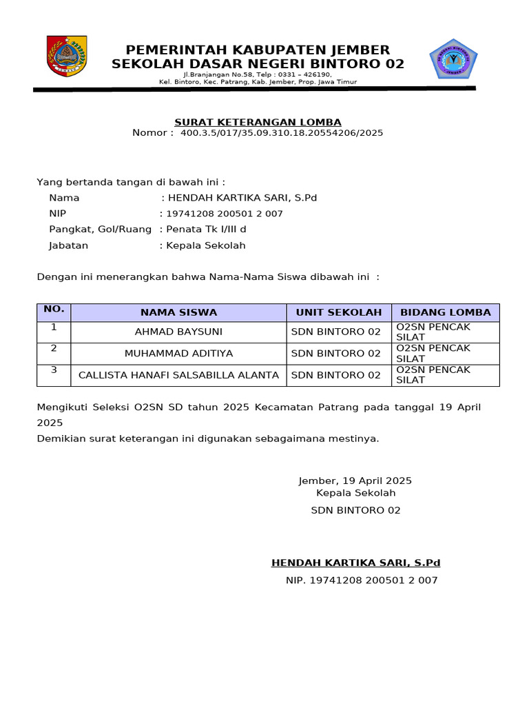 Surat Keterangan Lomba O2sn 2025 | PDF