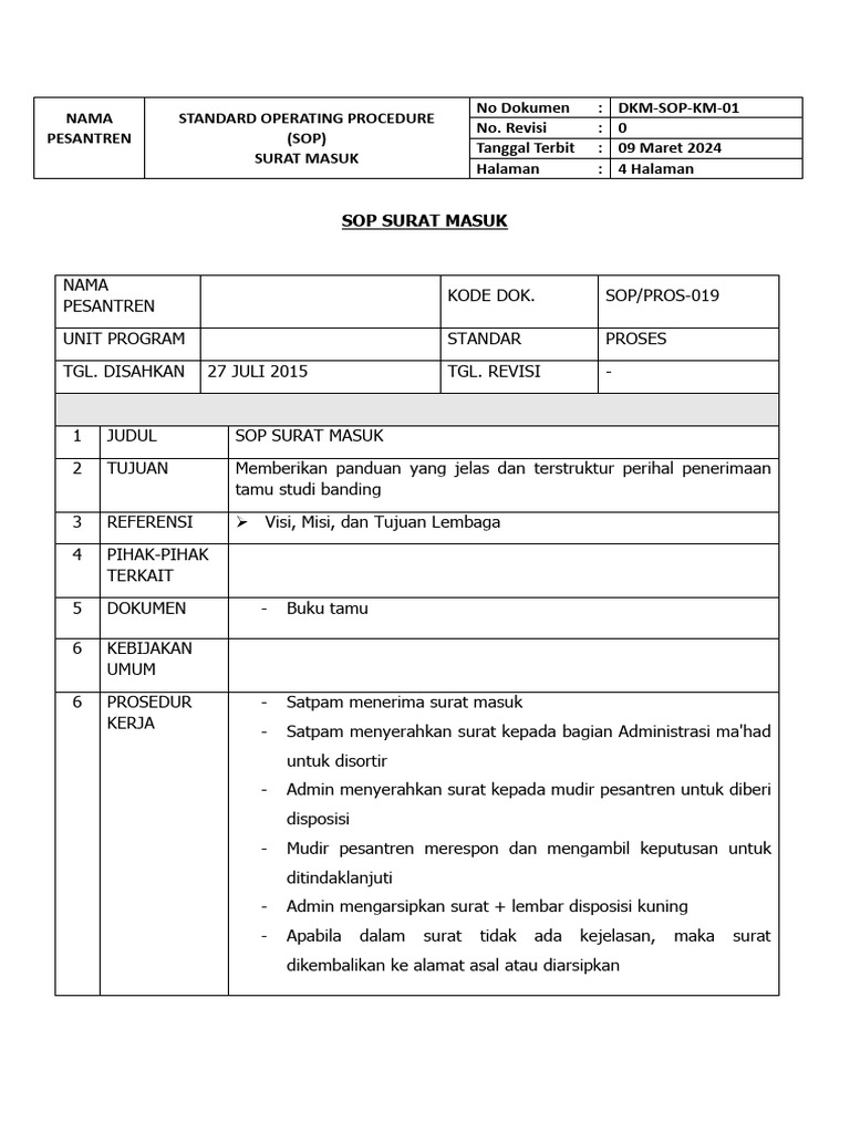 1 - SOP Surat Masuk - Model Tabel | PDF