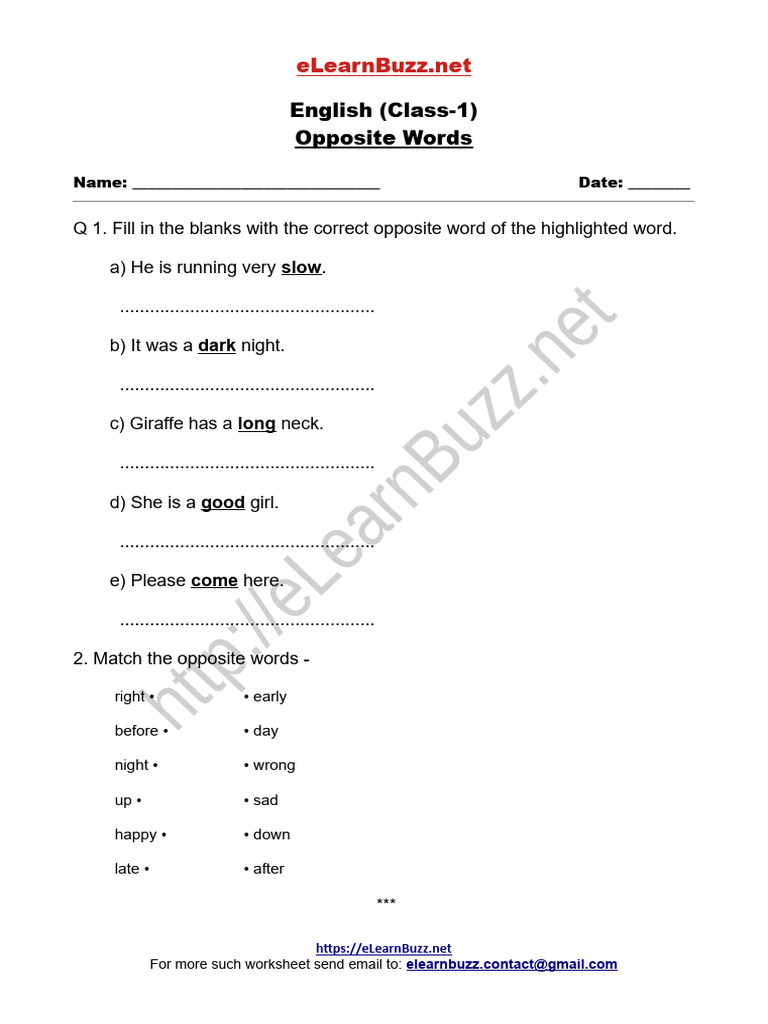 Opposite Word Worksheet Class1 | PDF