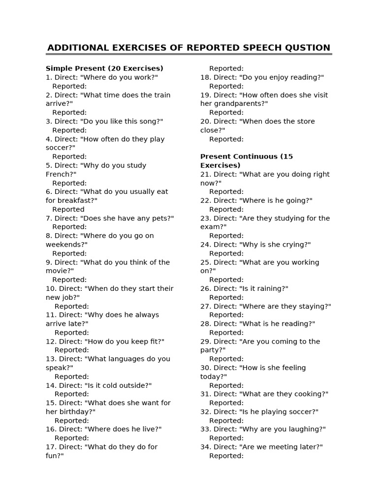 Additional Exercises of Reported Speech Qustion | PDF