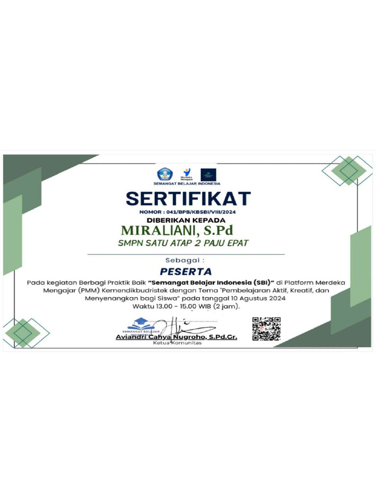 Sertifikat Berbagi Praktik Baik Pembelajaran Menyenangkan Miraliani | PDF