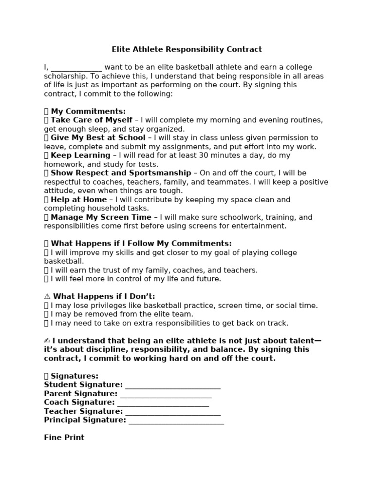Elite Athlete Responsibility Contract | PDF | Homework | Behavior ...