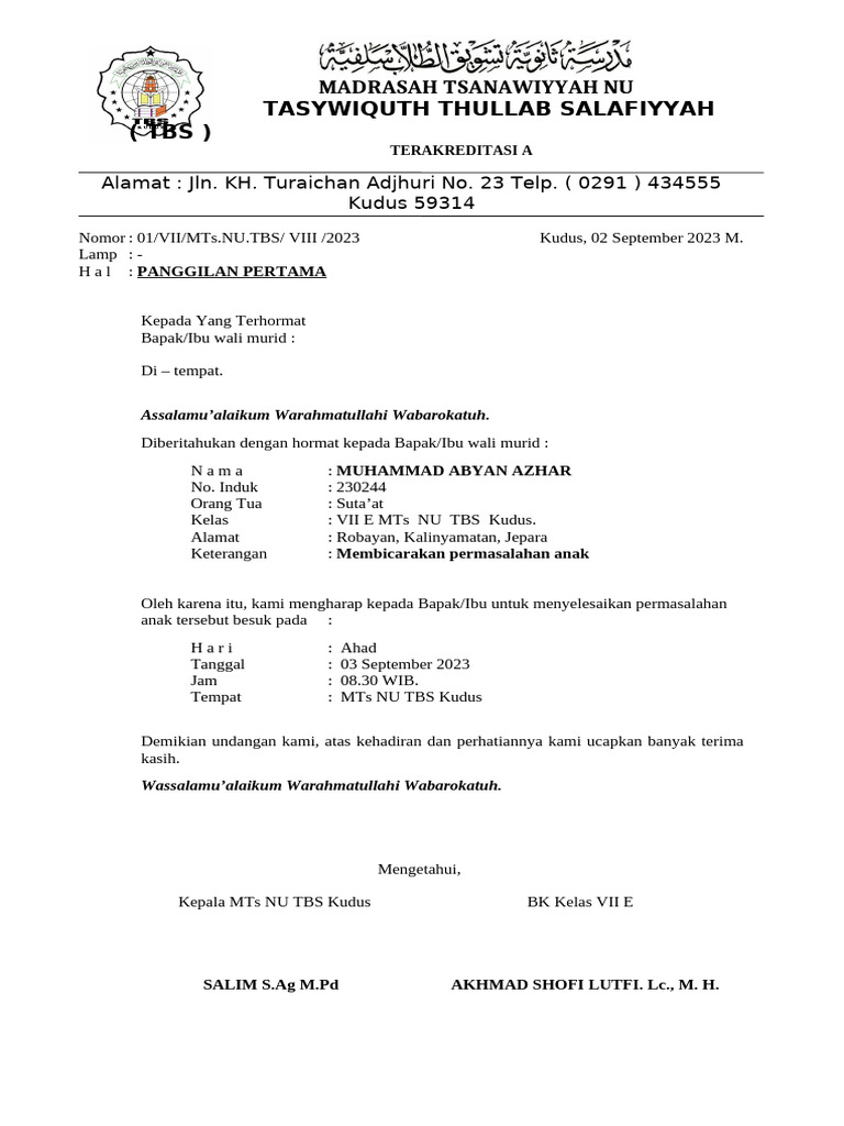 SURAT PANGGILAN BK SHOFI Baru | PDF