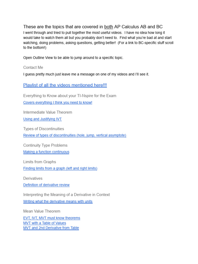 AP Calculus AB Review Video List | PDF | Integral | Derivative