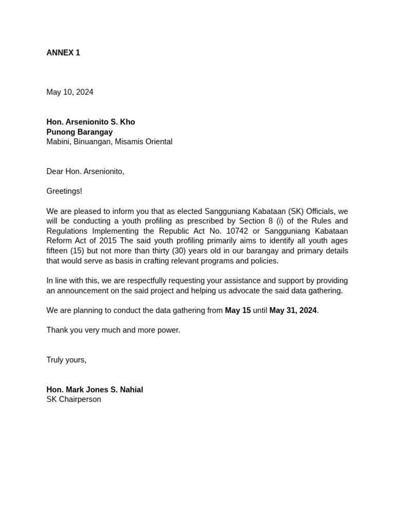 KK Profiling Punong Barangay Letter | PDF