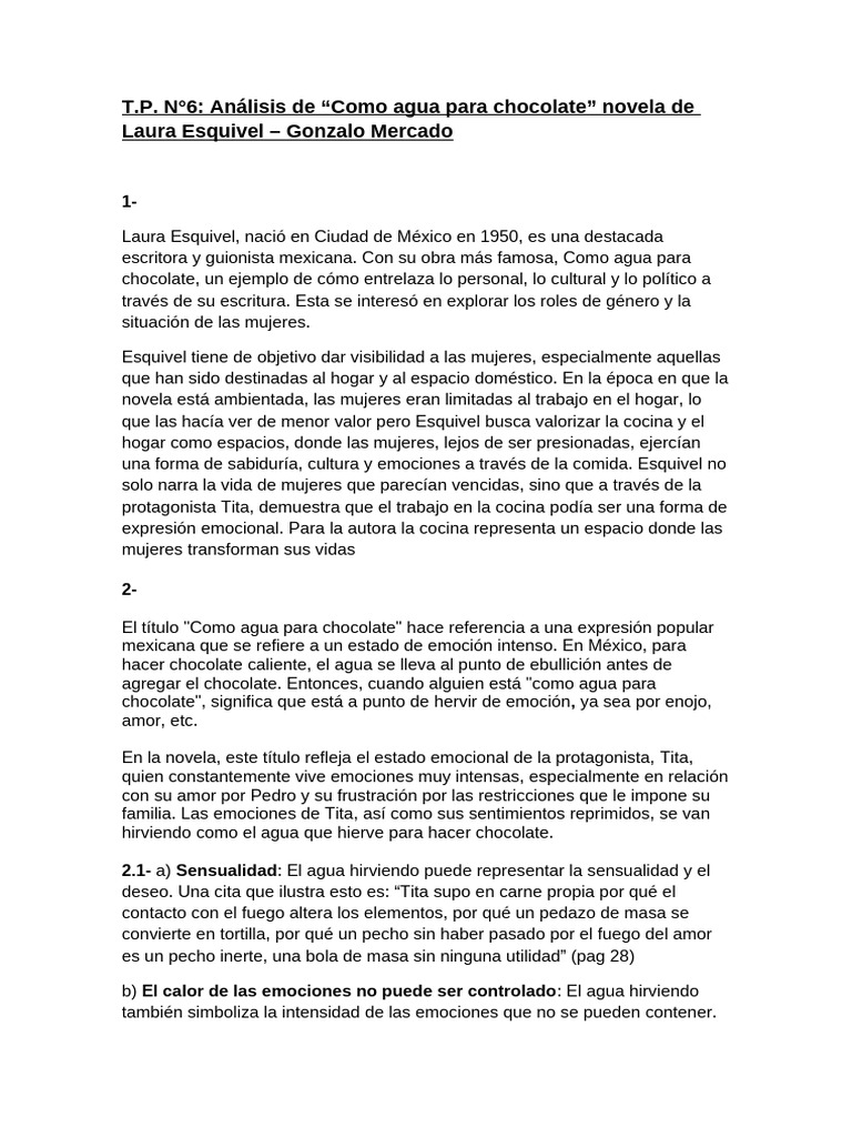 T.P. N6 Análisis de "Como Agua para Chocolate" | PDF | Hirviendo | México