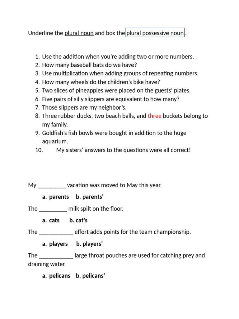 Underline The Plural Noun and Box The Plural Possessive Noun | PDF