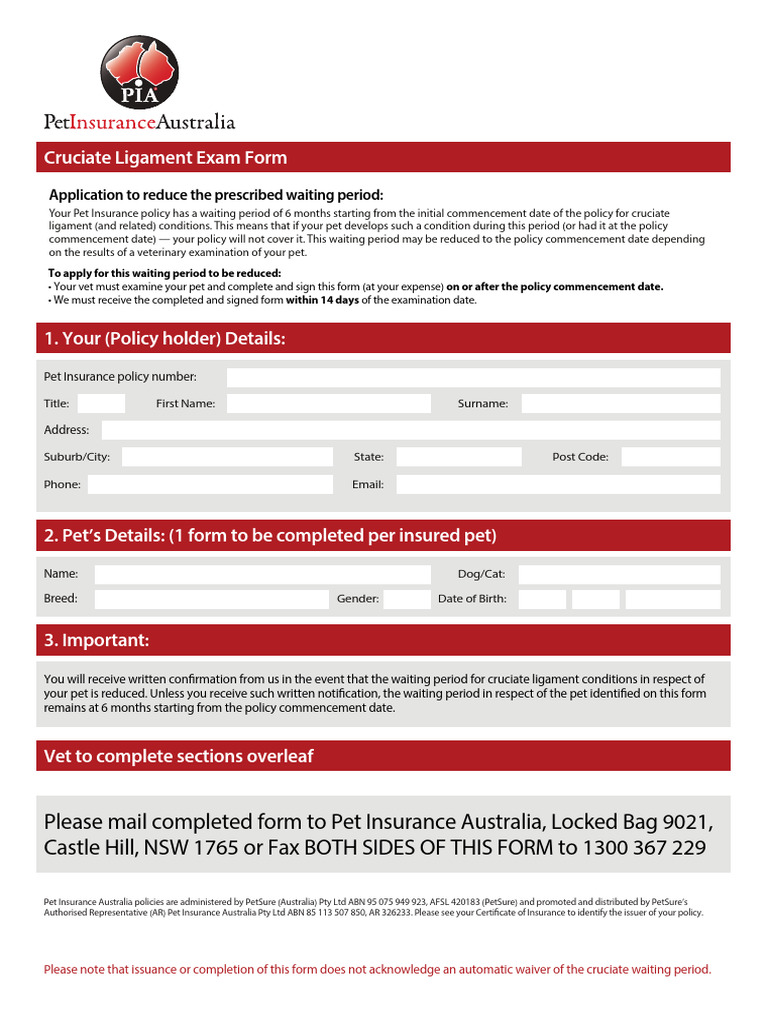 PIA Cruciate Ligament Exam Form - PetSure - Hollard | PDF