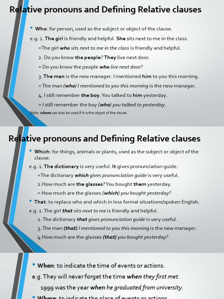 Relative Pronouns, Defining and Non-Defining Relative Clauses Unit 12 ...