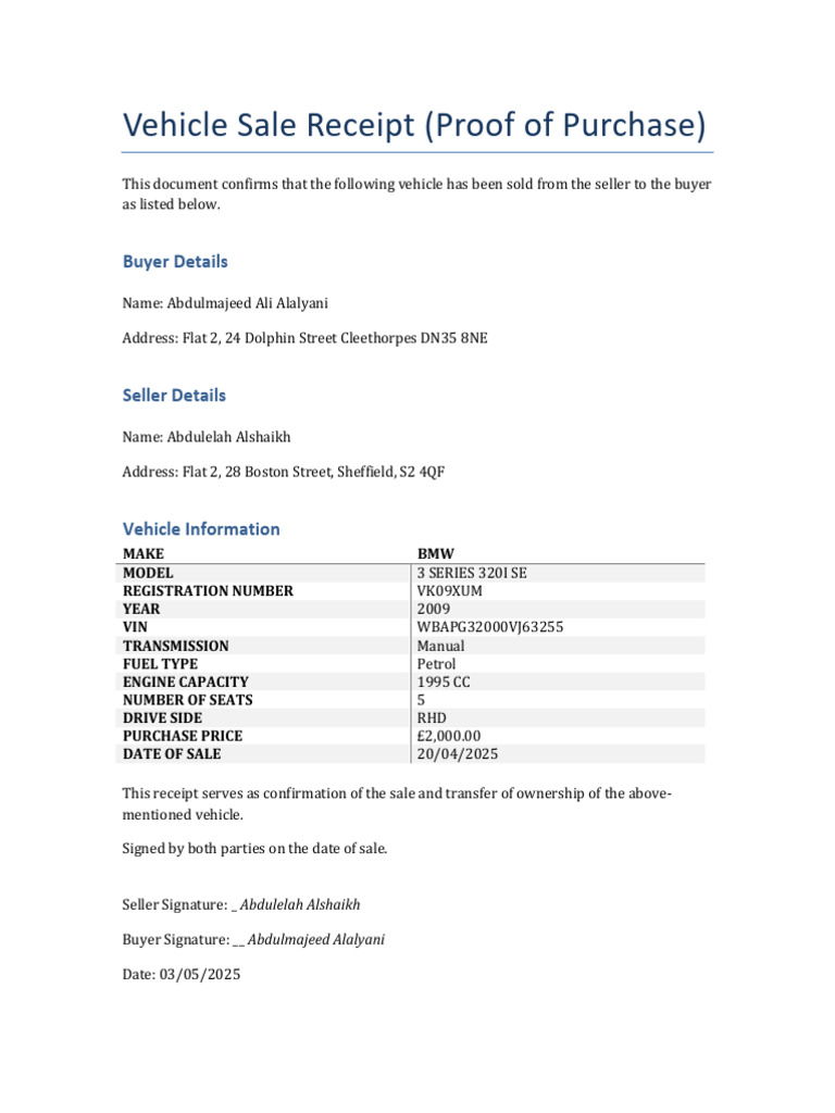 Vehicle Sale Receipt for BMW 320i SE | PDF