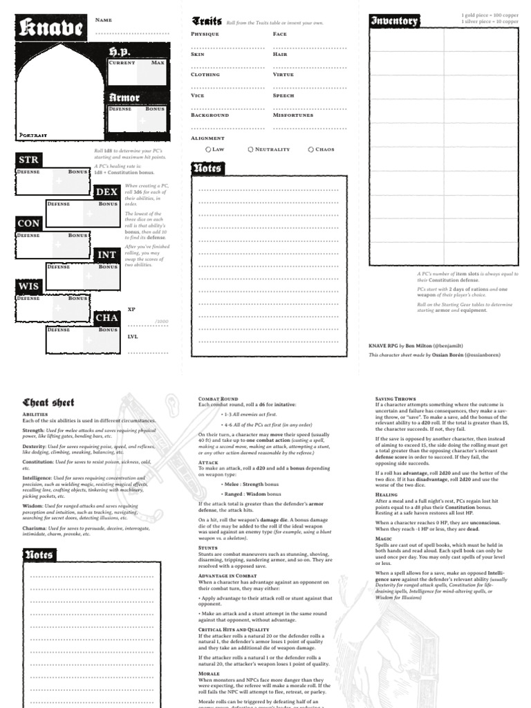 Knave Character Sheet Guide | PDF | Gaming | Tabletop Games