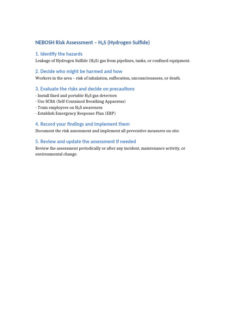 H2S Risk Assessment NEBOSH English | PDF