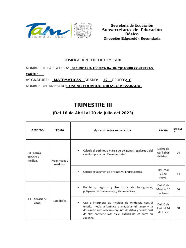 Dosificación Tercer Trimestre 2c | PDF | Estadísticas descriptivas