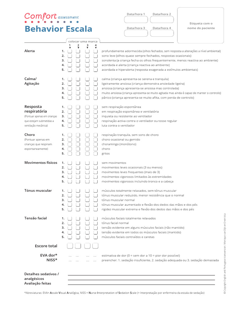 COMFORT Behavior Escala - Portugese - 2018 01 10 | PDF | Medicina Clínica
