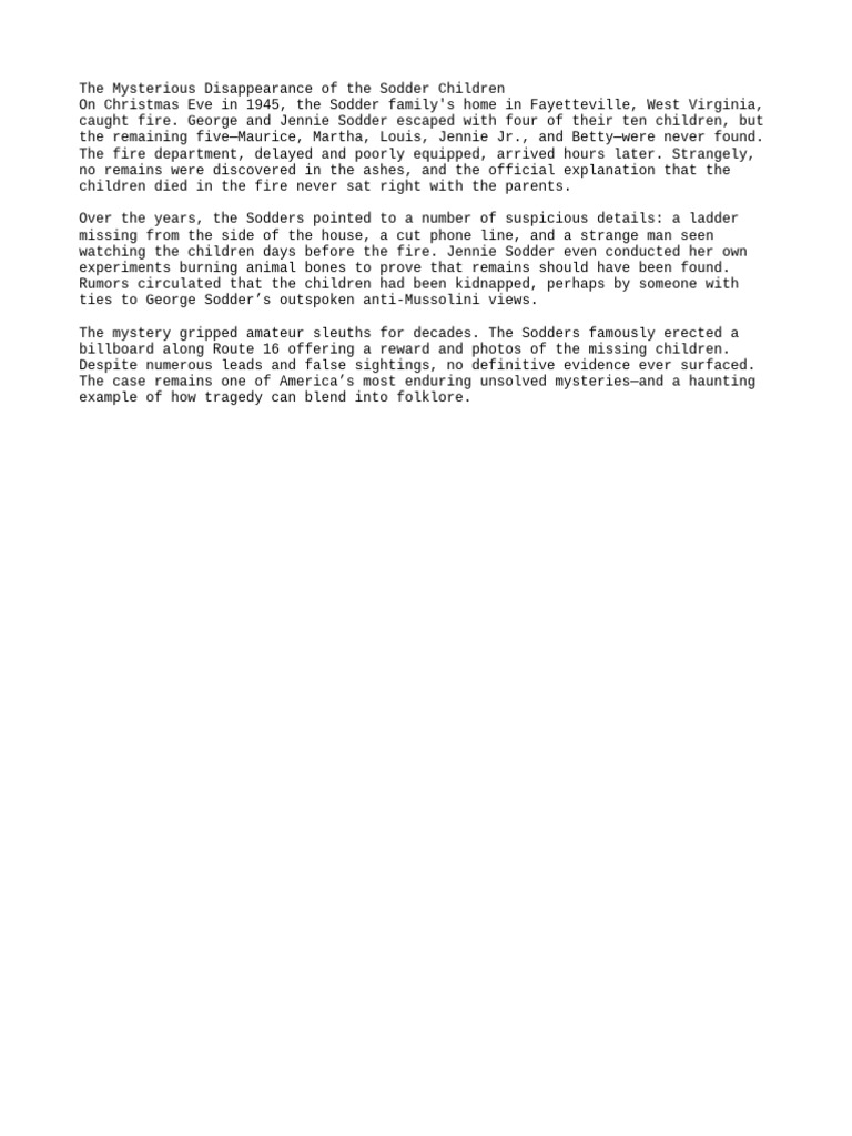 The Sodder Children Disappearance Mystery | PDF