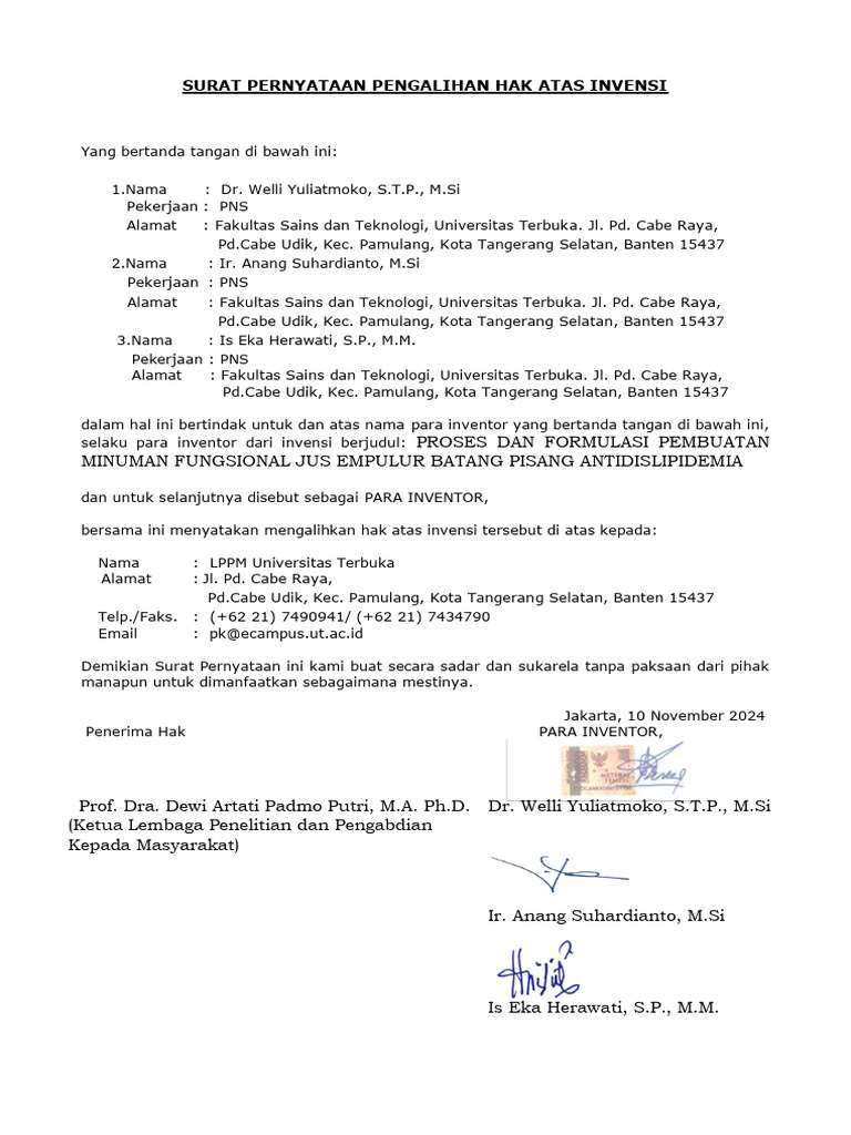 Lampiran 3. Surat Pernyataan Pengalihan Hak Atas Invensi Sudah TTD Ketua Saja | PDF