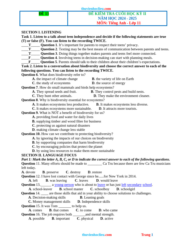 Đề KTCHK2-TAnh 11- global | PDF | Biodiversity | Adolescence