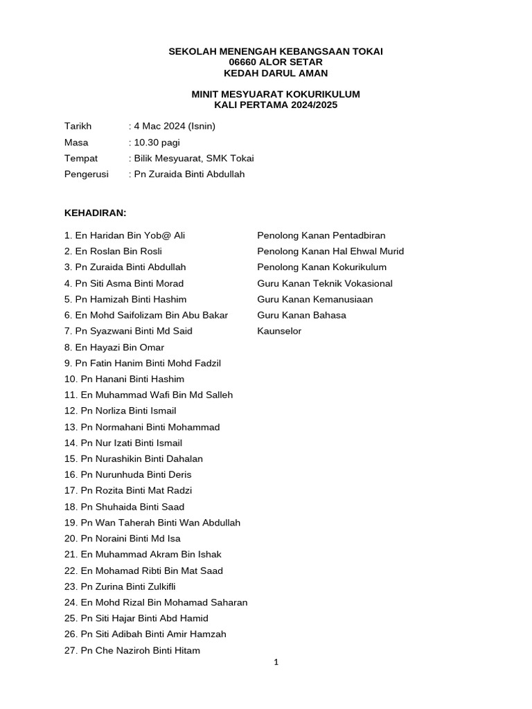 Minit Mesyuarat Koko Kali 1 - 2024 | PDF