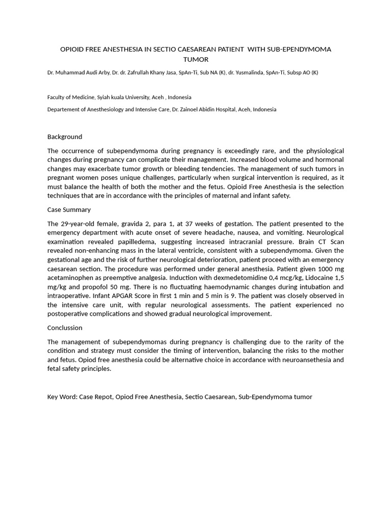 Opioid Free Anesthesia in Sectio Caesarea Comorbid With Sub | PDF