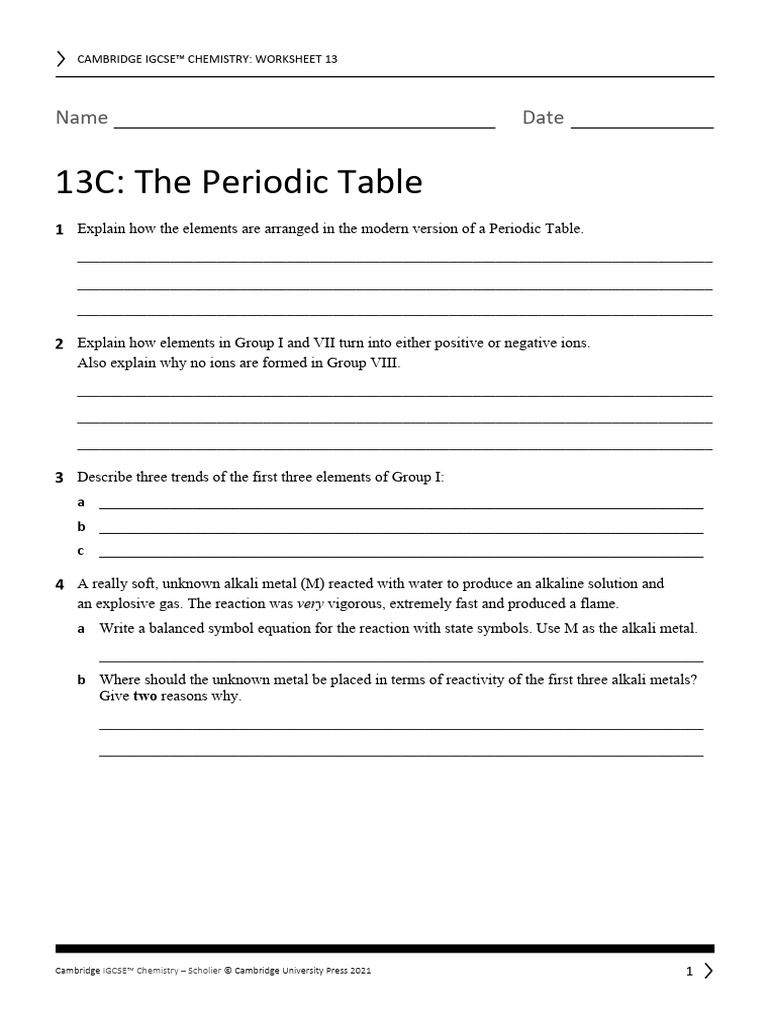 Periodic Table and Reactivity Trends Worksheet | PDF | Sets Of Chemical ...