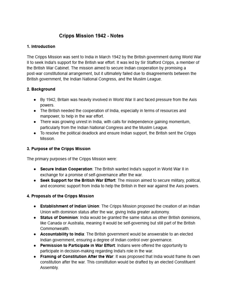 Cripps Mission 1942 - Notes | PDF | All India Muslim League | British ...