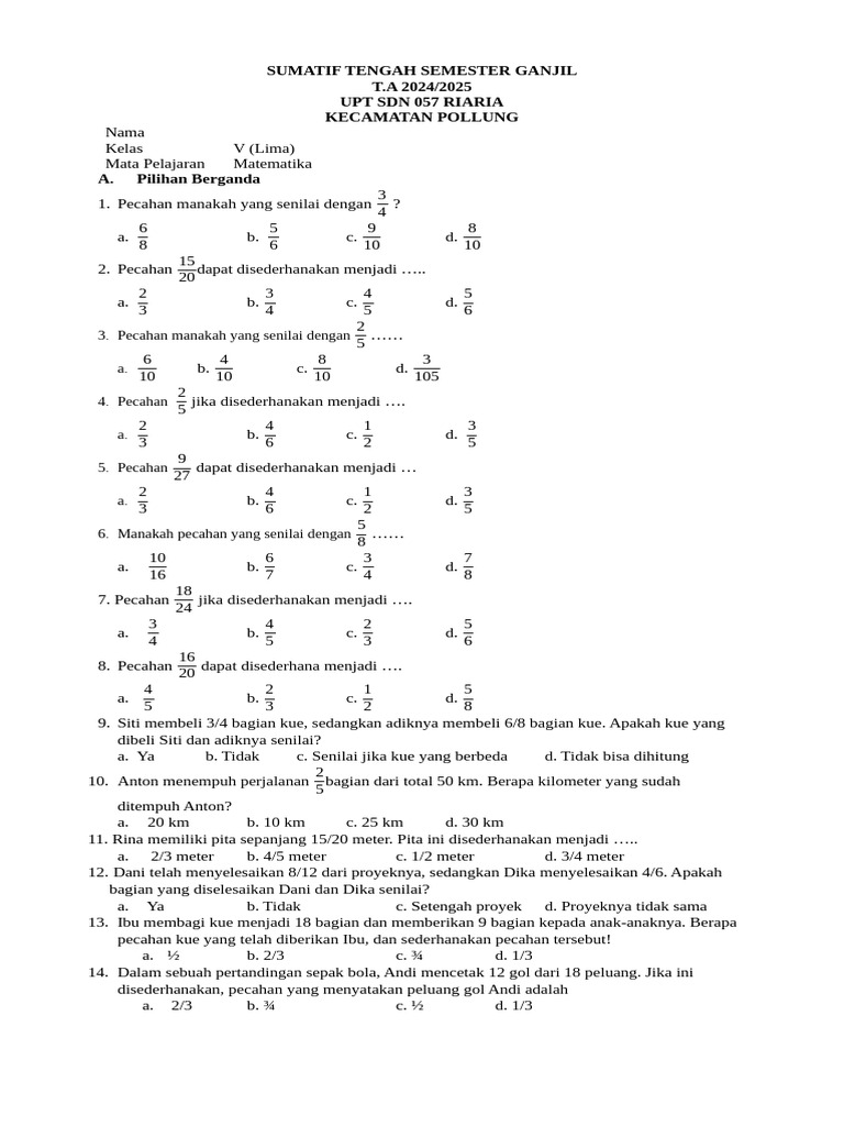 SUMATIF TENGAH SEMESTER MTK | PDF