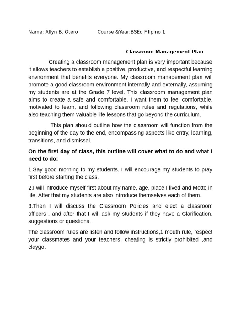 Classroom Management Plan | PDF | Classroom | Classroom Management