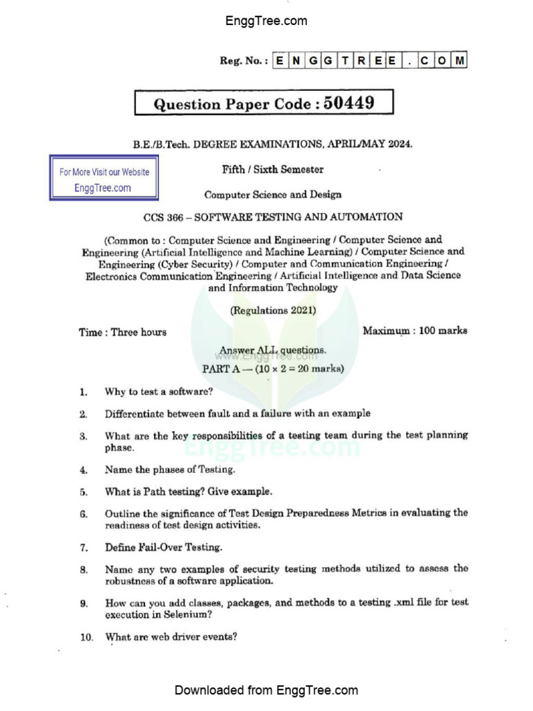 CCS366 Software Testing and Automation Apr May 2024 Question Paper ...