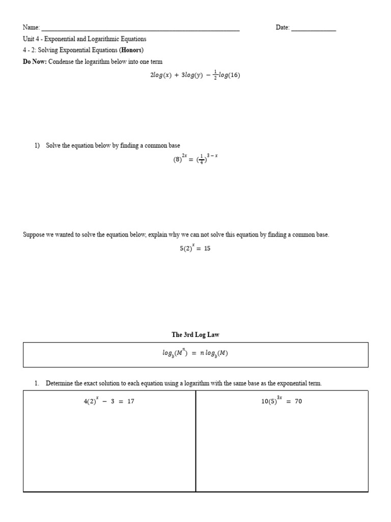 4 2 Solving Exponential Equations Honors Pdf Equations Logarithm