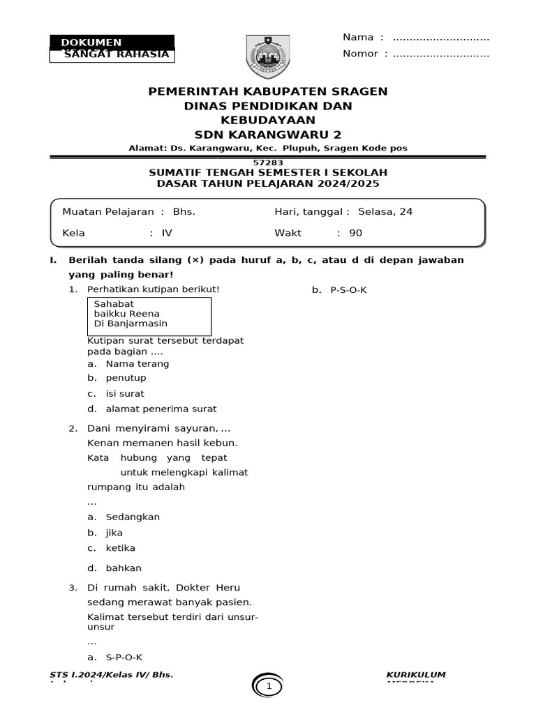 Bahasa Indonesia UTS 1 | PDF