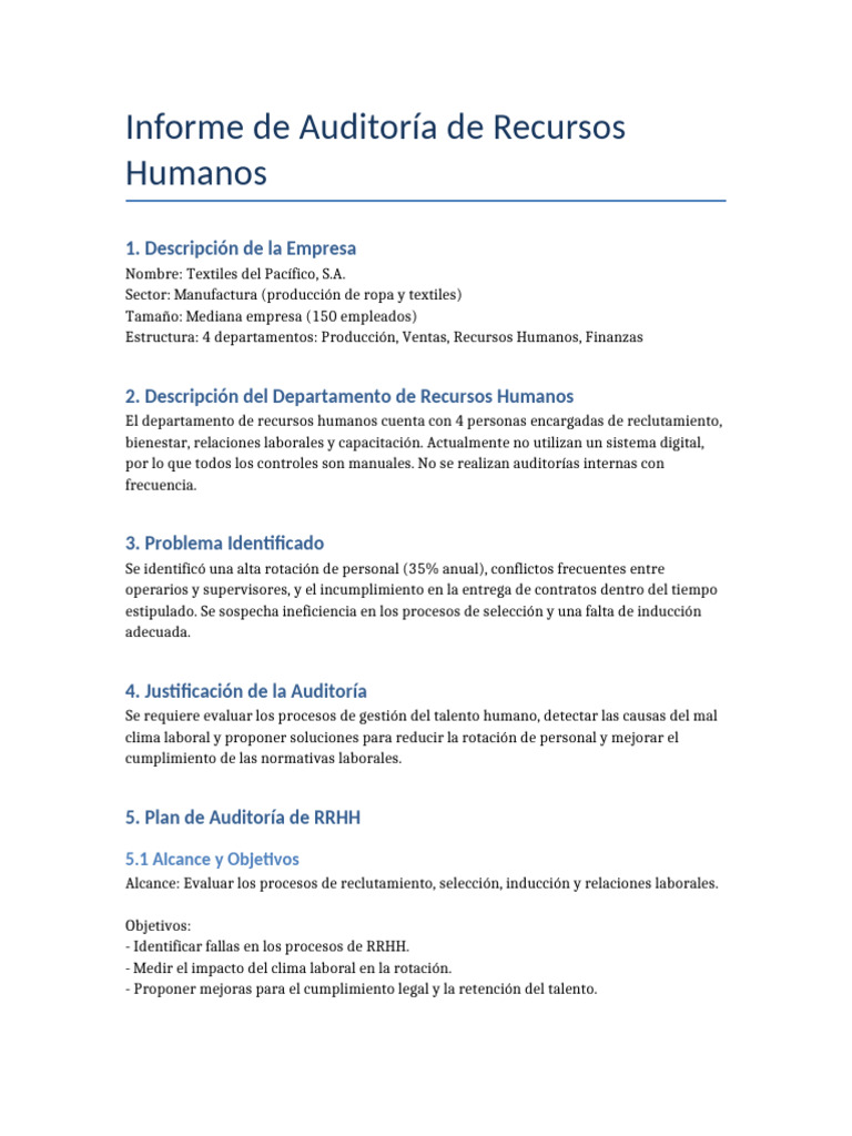 Informe Auditoria RRHH Textiles Del Pacifico | PDF | Gestión de recursos humanos | Gestión del ...