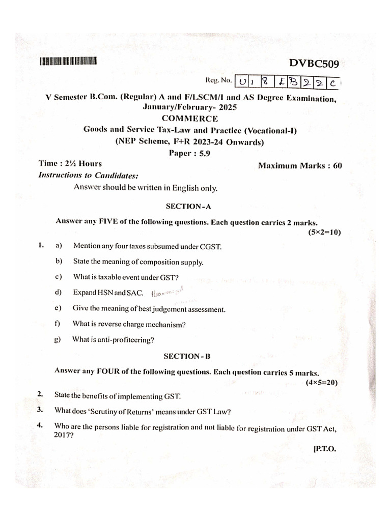 GST V Sem BCOM NEP Scheme January-February - 2025 | PDF