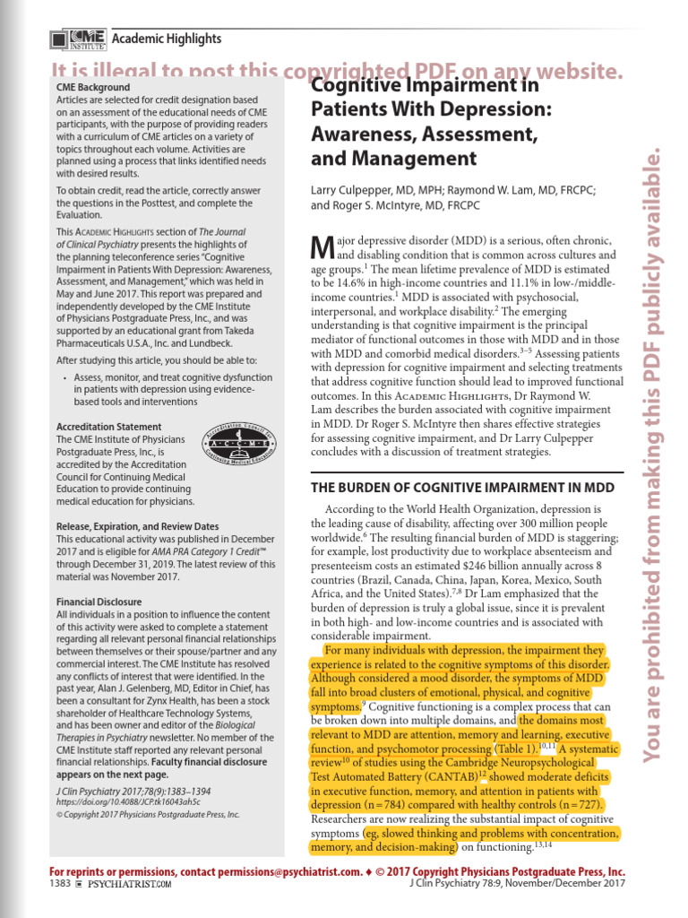 Cognitive Impairment in Patients With Depression Awareness, Assessment ...