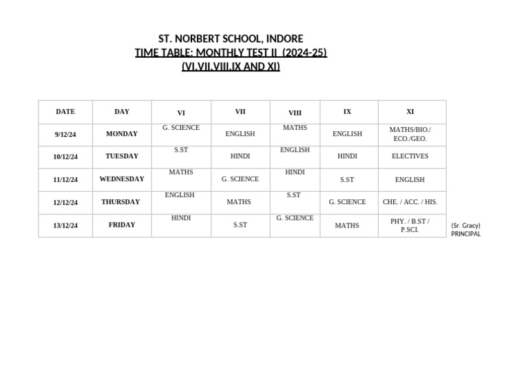 Monthly Test II Time Table 2024-25 | PDF