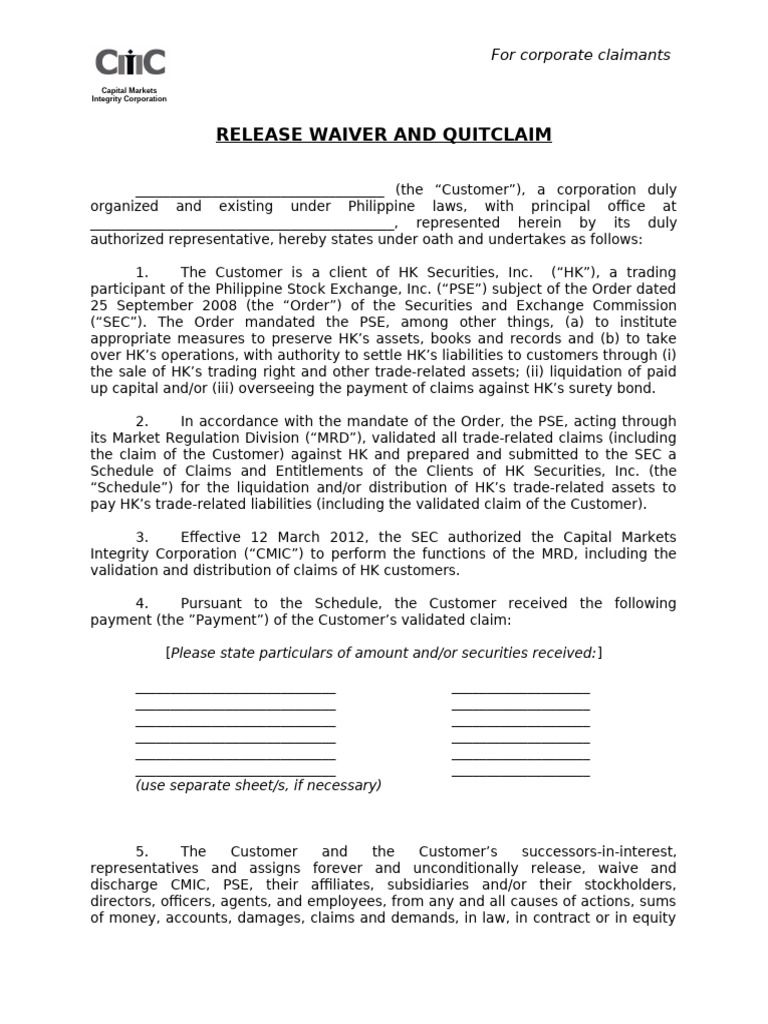 HK - Release Waiver Quitclaim - Corporate (FINAL-2013.03) | PDF ...